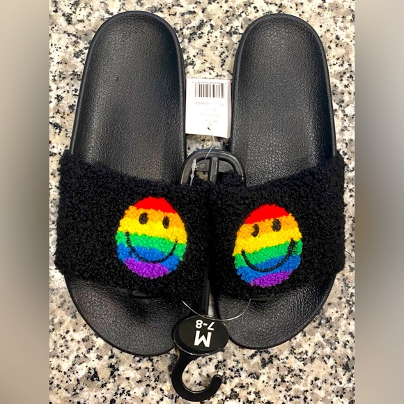 Shoes | Black Slides With Rainbow Smiley Face Sandals Pride | Poshmark